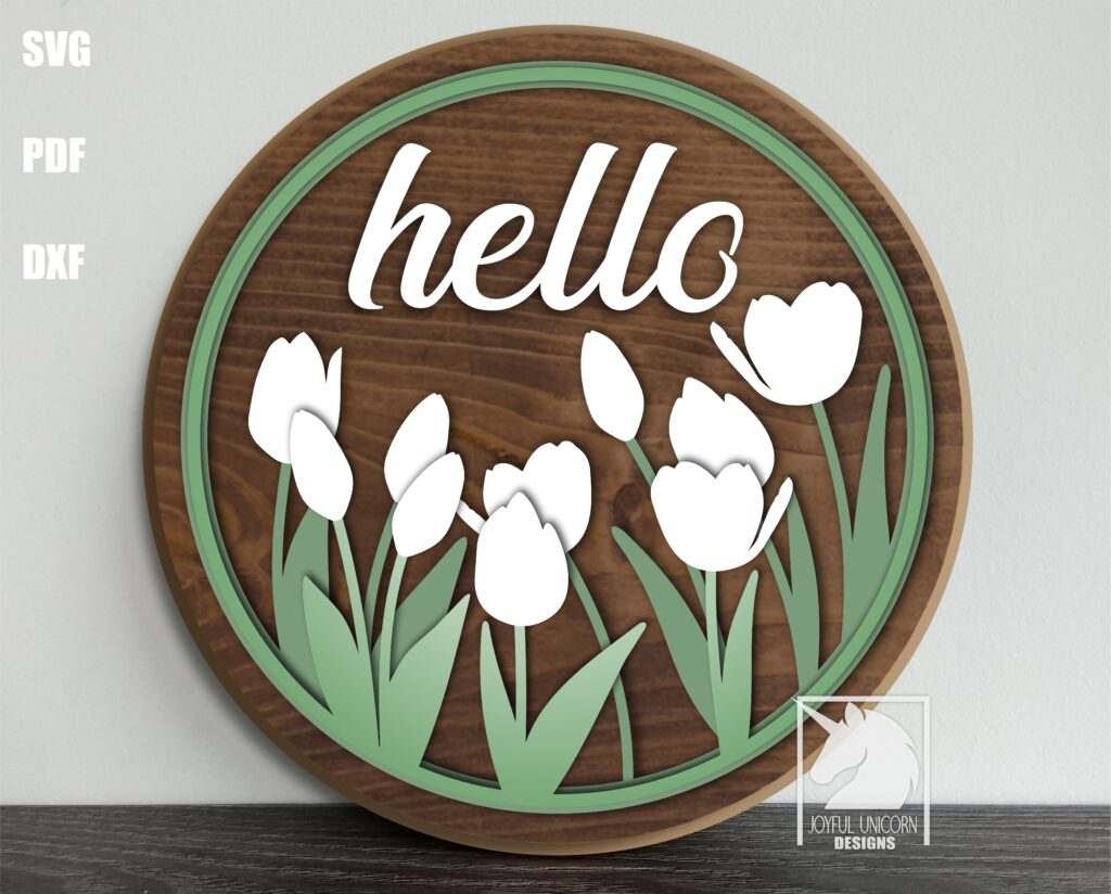 Hello Spring Round Sign SVG, Tulip Door Hanger SVG, Spring Welcome Sign ...
