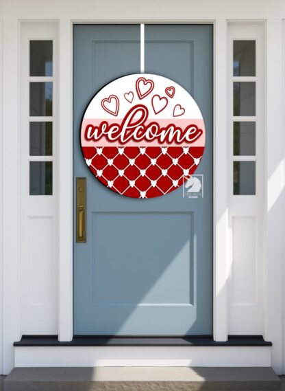 Valentines Day Welcome Sign SVG, Wood Round Sign SVG, Heart Door Hanger ...