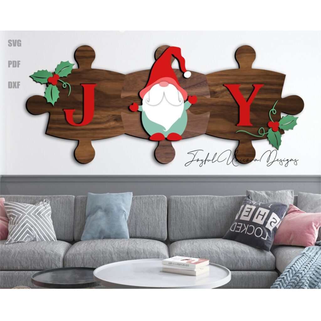 JOY Gnome Christmas Puzzle Sign SVG Holiday Wall Decor SVG Laser Cut ...