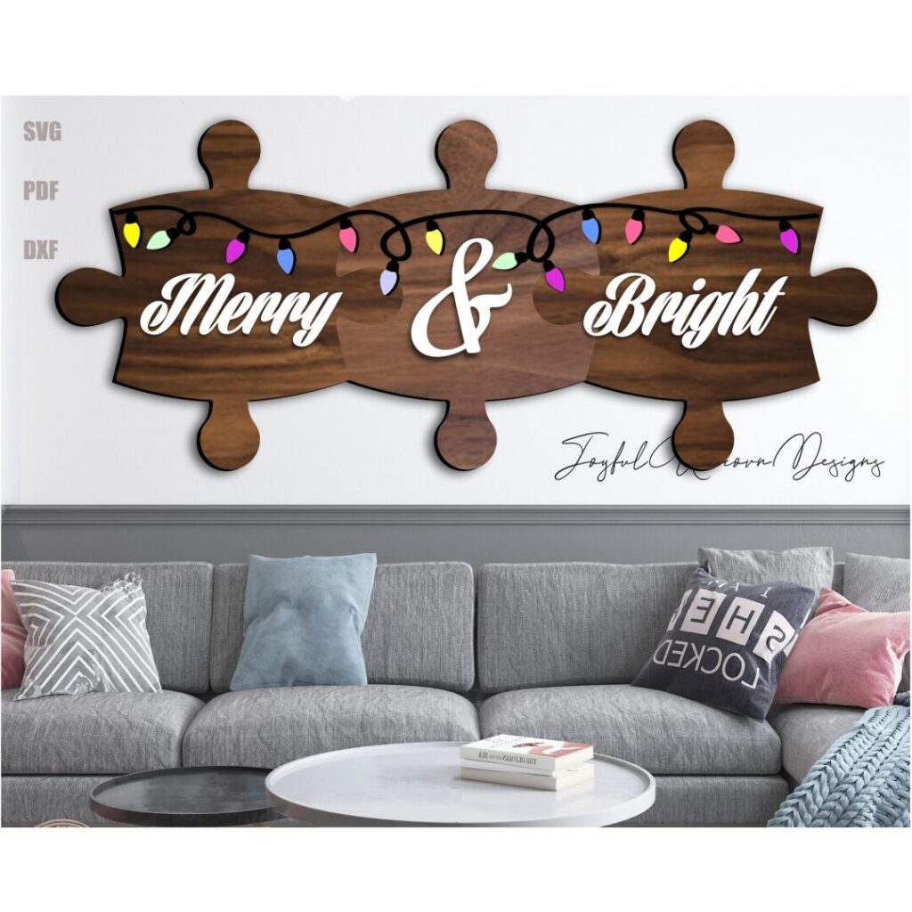 Merry and Bright Puzzle Sign SVG Christmas Light Garland Puzzle Cut ...