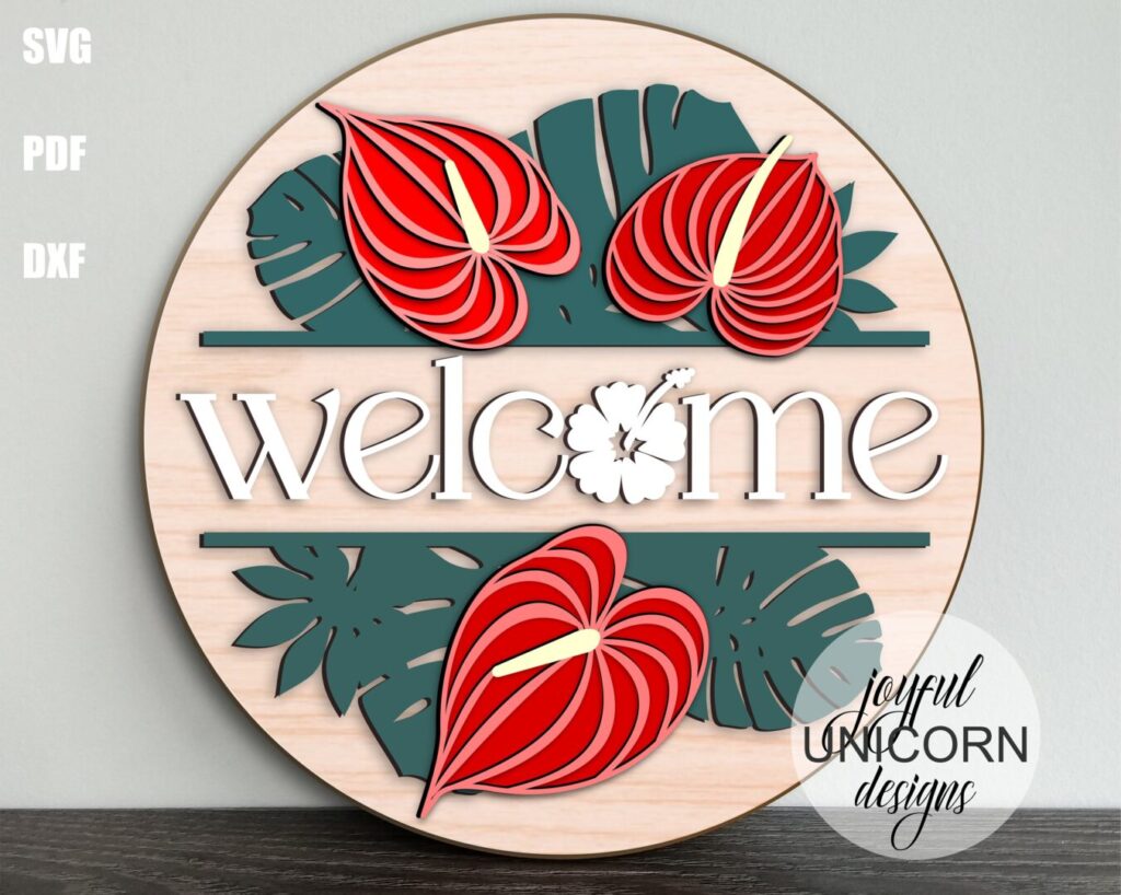 Tropical Flowers Welcome Sign SVG, Laser Cut File, Summer Door Hanger ...