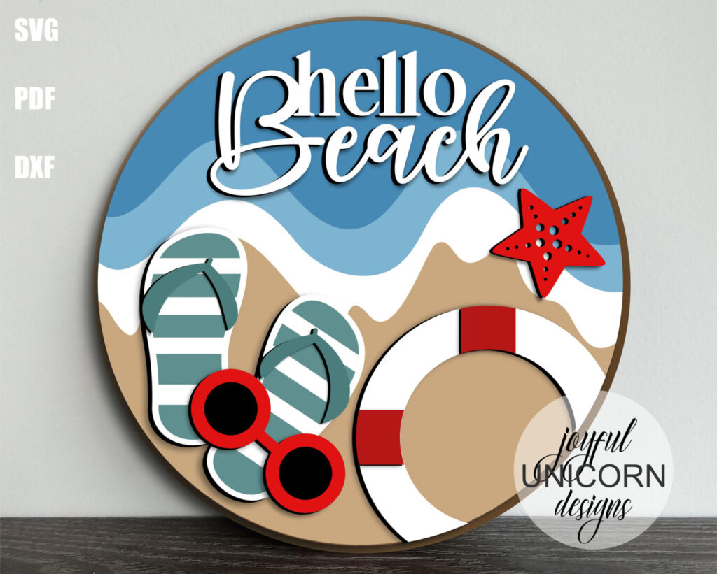 Hello Beach Door Hanger SVG, Summer Beach Wood Round Sign, Summer Laser ...