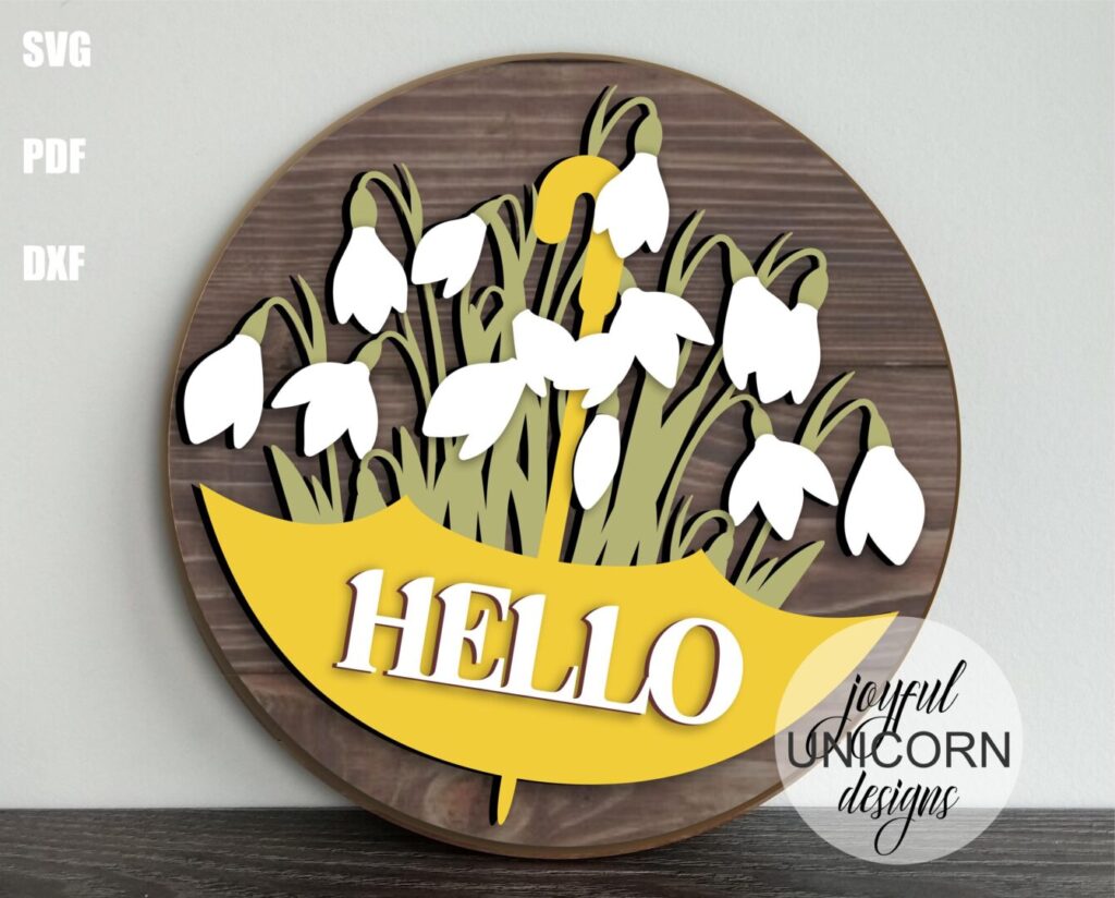 Spring Door Hanger SVG, Umbrella With Snowdrops Round Sign SVG ...