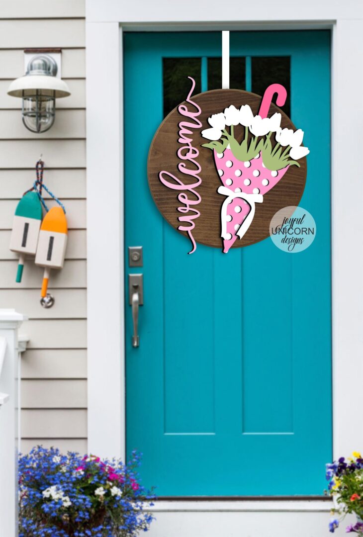 Spring Umbrella Welcome Sign SVG, Umbrella with Tulips Door Hanger SVG ...