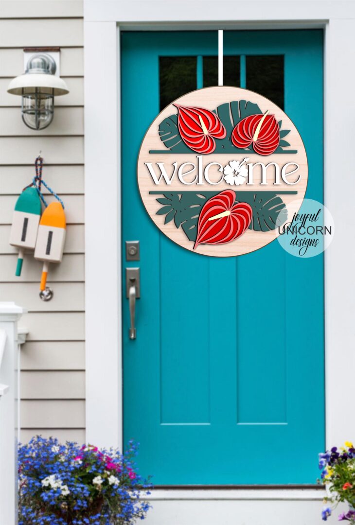 Tropical Flowers Welcome Sign SVG, Laser Cut File, Summer Door Hanger ...
