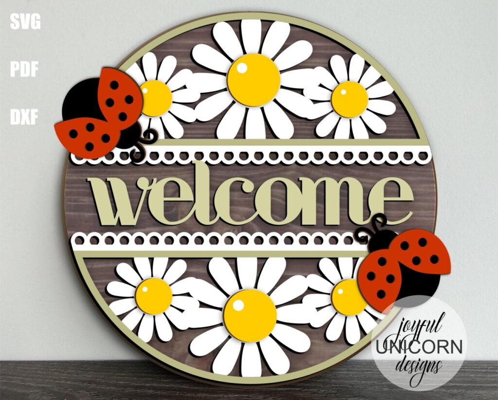 Daisies Welcome Round Sign SVG, Summer Door Hanger SVG, Ladybug Welcome ...