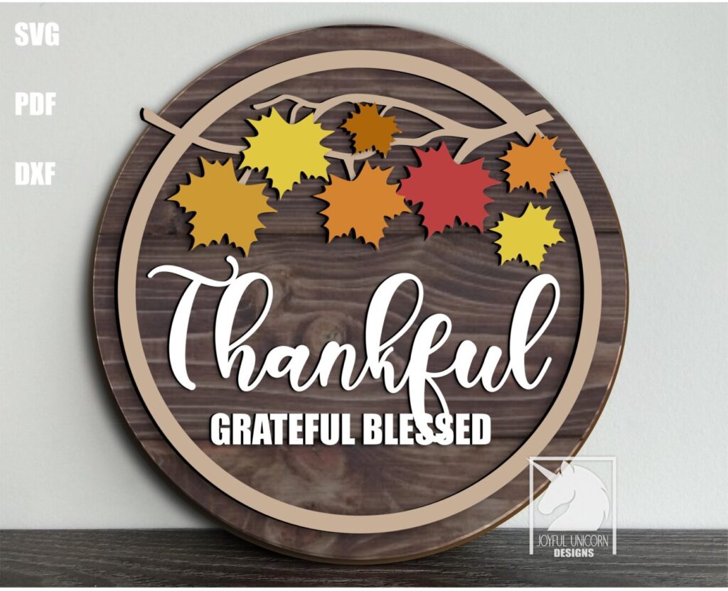 Thankful Grateful Blessed Door Hanger SVG Fall Leaves Round Sign Laser ...