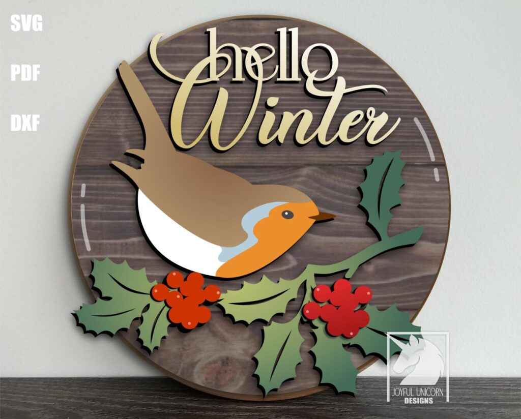 Hello Winter Round Sign SVG Robin Bird Door Hanger Laser Cut File ...