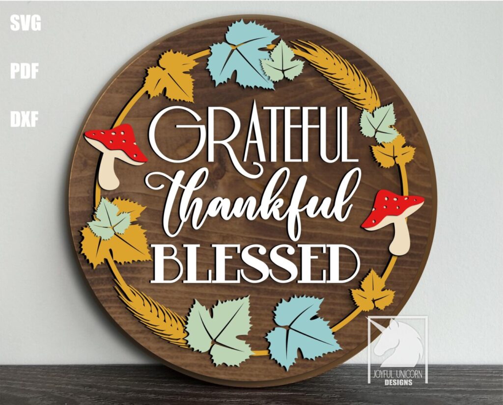 Grateful Thankful Blessed Sign SVG Fall Wreath Door Hanger with ...
