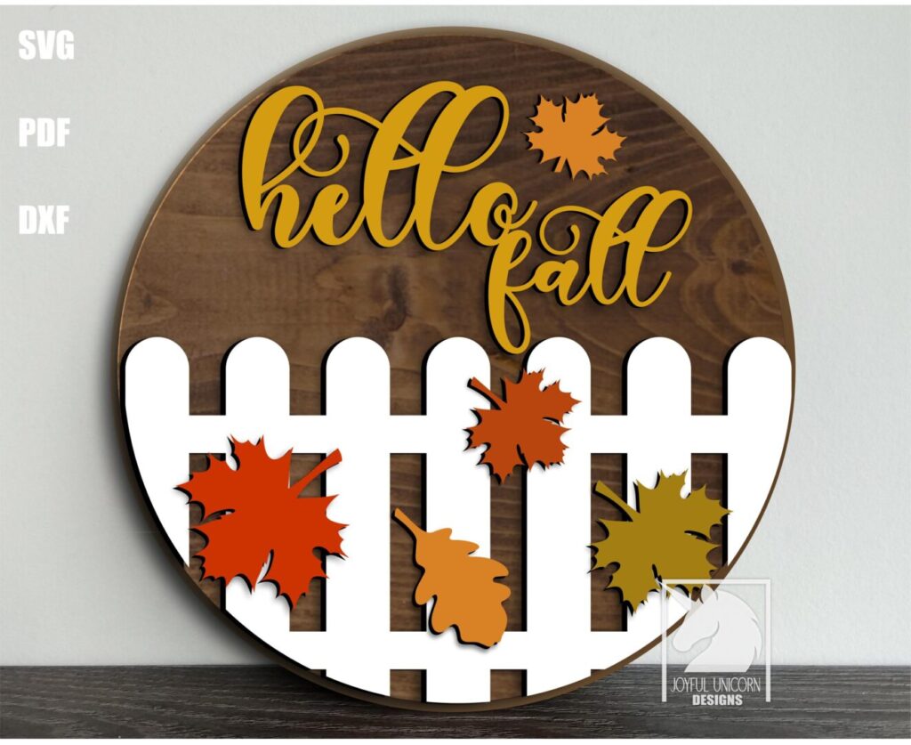 Hello Fall Door Hanger SVG Autumn Fence Round Sign Laser Cut File Fall ...