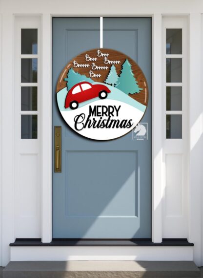 Red Car Merry Christmas SVG Winter Scene Layered Round Sign Laser Cut ...
