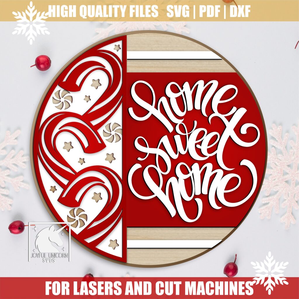 Home Sweet Home Christmas Round Sign SVG, Christmas Candy Cane Door ...